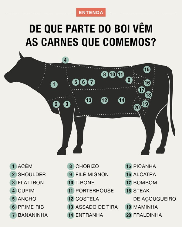 De que partes do boi vêm os cortes de carne?